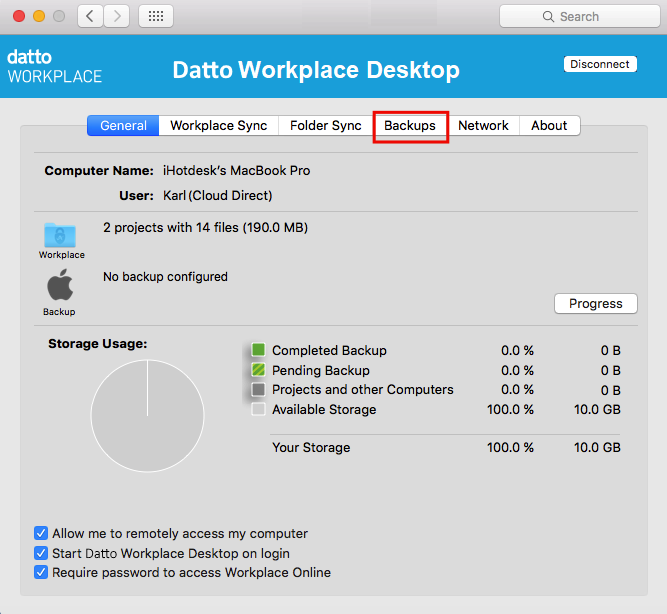 The Backups page appears.