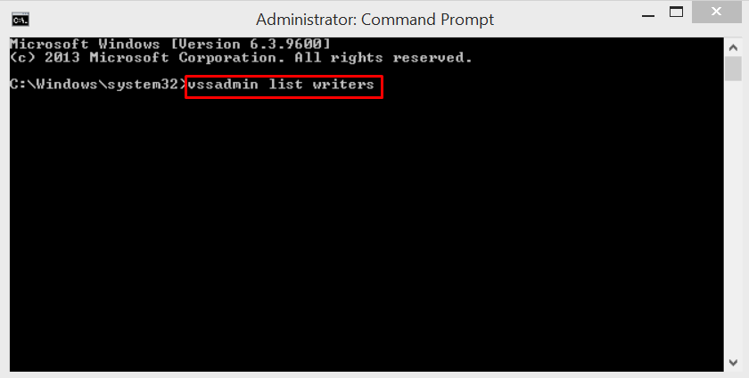 The screen lists vssadmin writer data, then stops at another prompt.